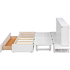 DNYN Queen Size Mobile Murphy Bed with Storage Drawer, Wood Bedframe w/Little Shelves on Each Side, Can Convert to Cabinet for Guest Room Home Office, White