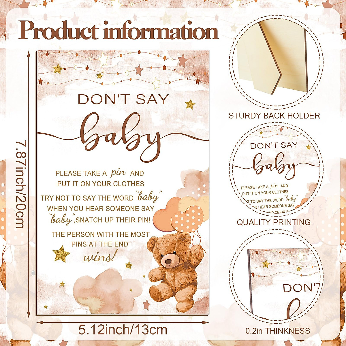 Patelai 321 Pcs Baby Shower Games Supplies, 5 Sets (50 Cards Each) Activities Cards with 20 Pencils 1 Don't Say Baby Sign 50 Clothespin(Brown Bear)