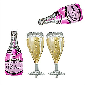 GOER 4 Pcs Champagne Bottle and Wine Goblet Glass Pink Foil Balloons,40 inch Helium Balloons for Valentine's Day Romantic Night Birthday Bridal Shower Bachelorette Celebrations Party Supplies