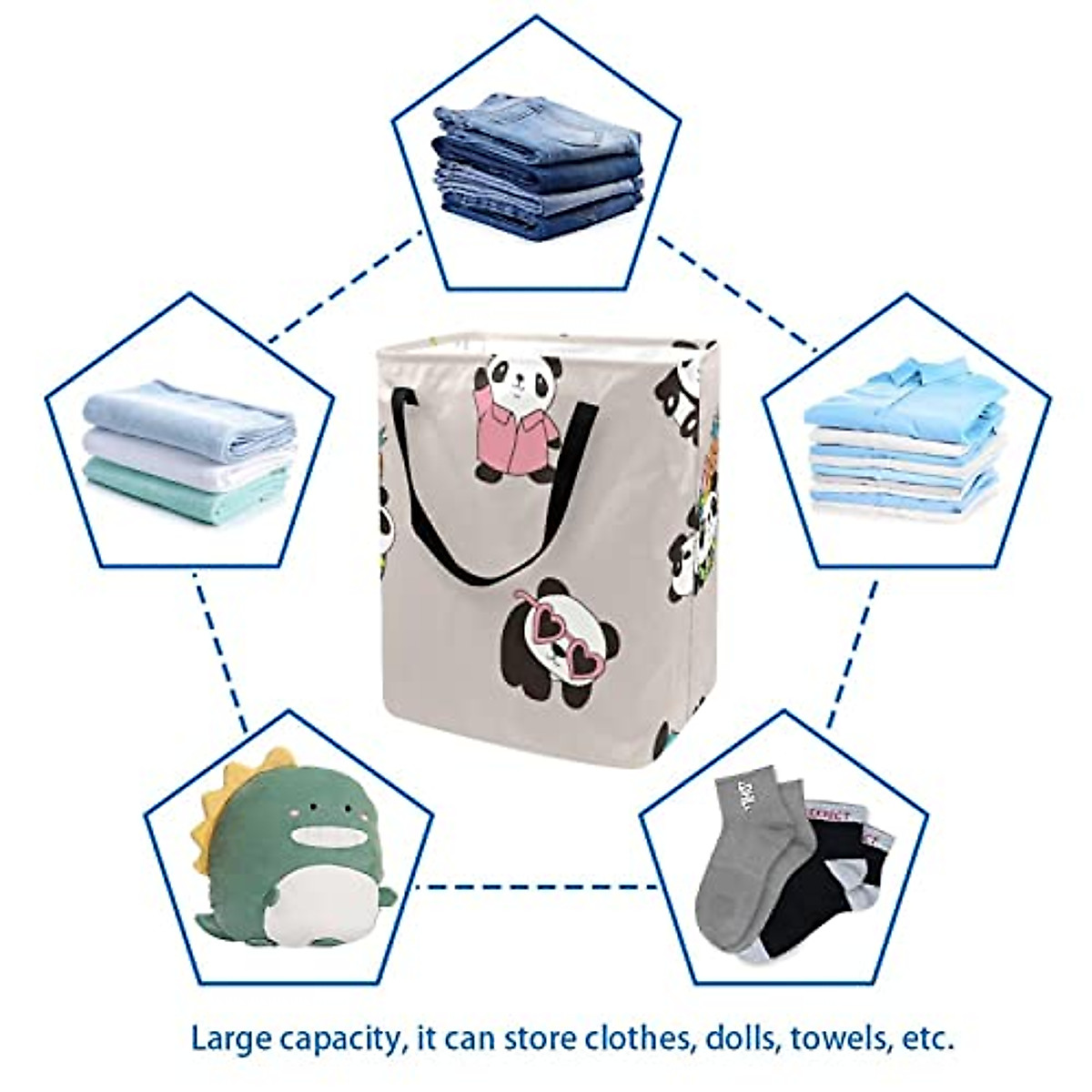 Cute Panda Print Collapsible Laundry Hamper, 60L Waterproof Laundry Baskets Washing Bin Clothes Toys Storage for Dorm Bathroom Bedroom