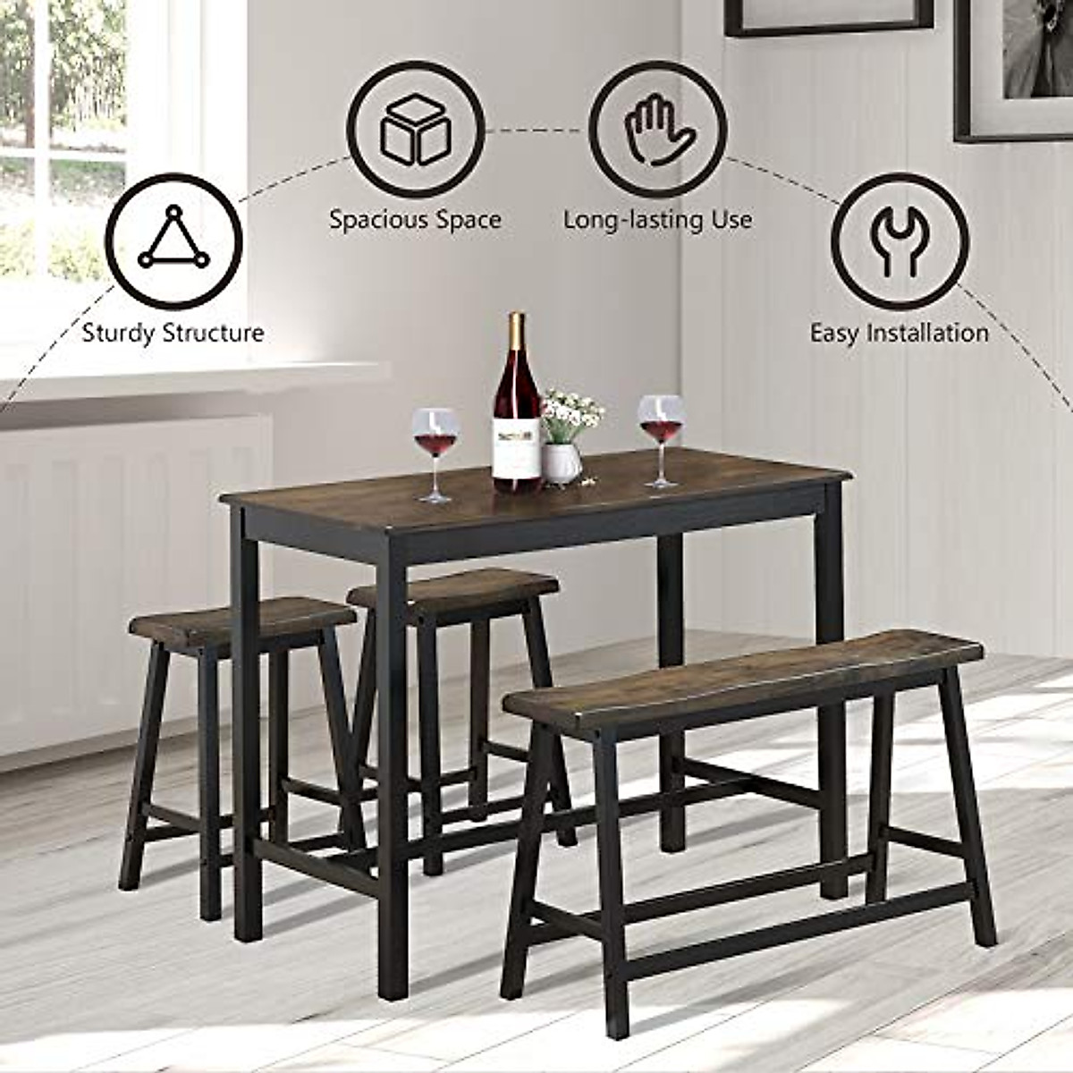COSTWAY 4-Piece Solid Wood Dining Table Set, Counter Height Dining Furniture with One Bench and Two Saddle Stools, Industrial Style, Ideal for Home, Kitchen, Living Room (Gray & Brown)