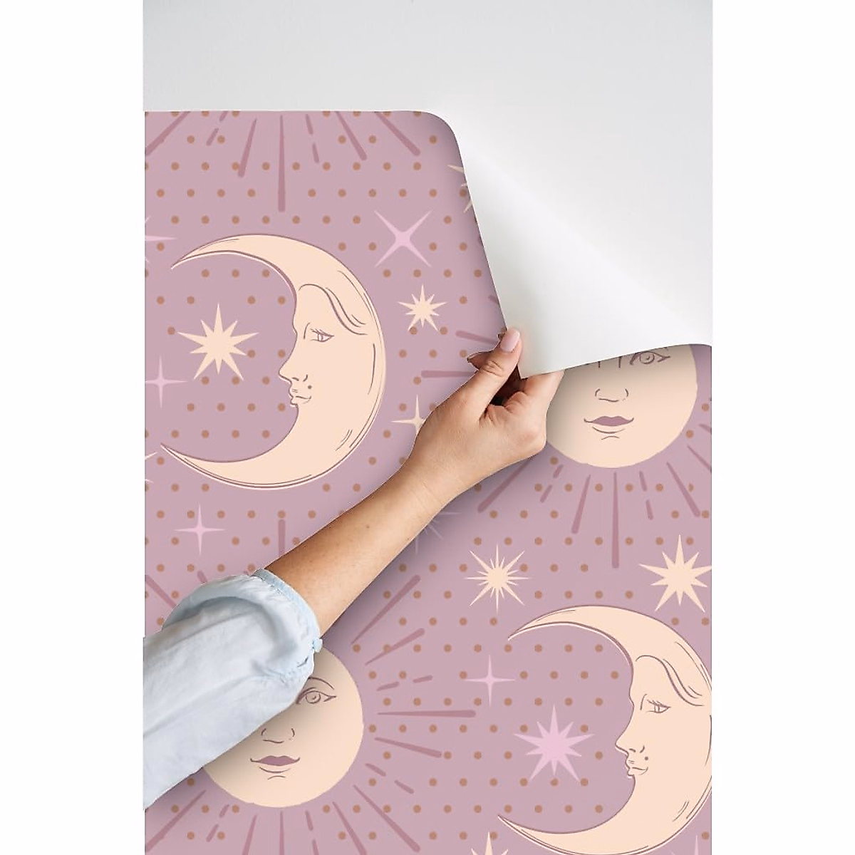 Peel & Stick Wallpaper Swatch - Purple Suns Boho Stars Mauve Celestial Moon Sky Custom Removable Wallpaper by Spoonflower