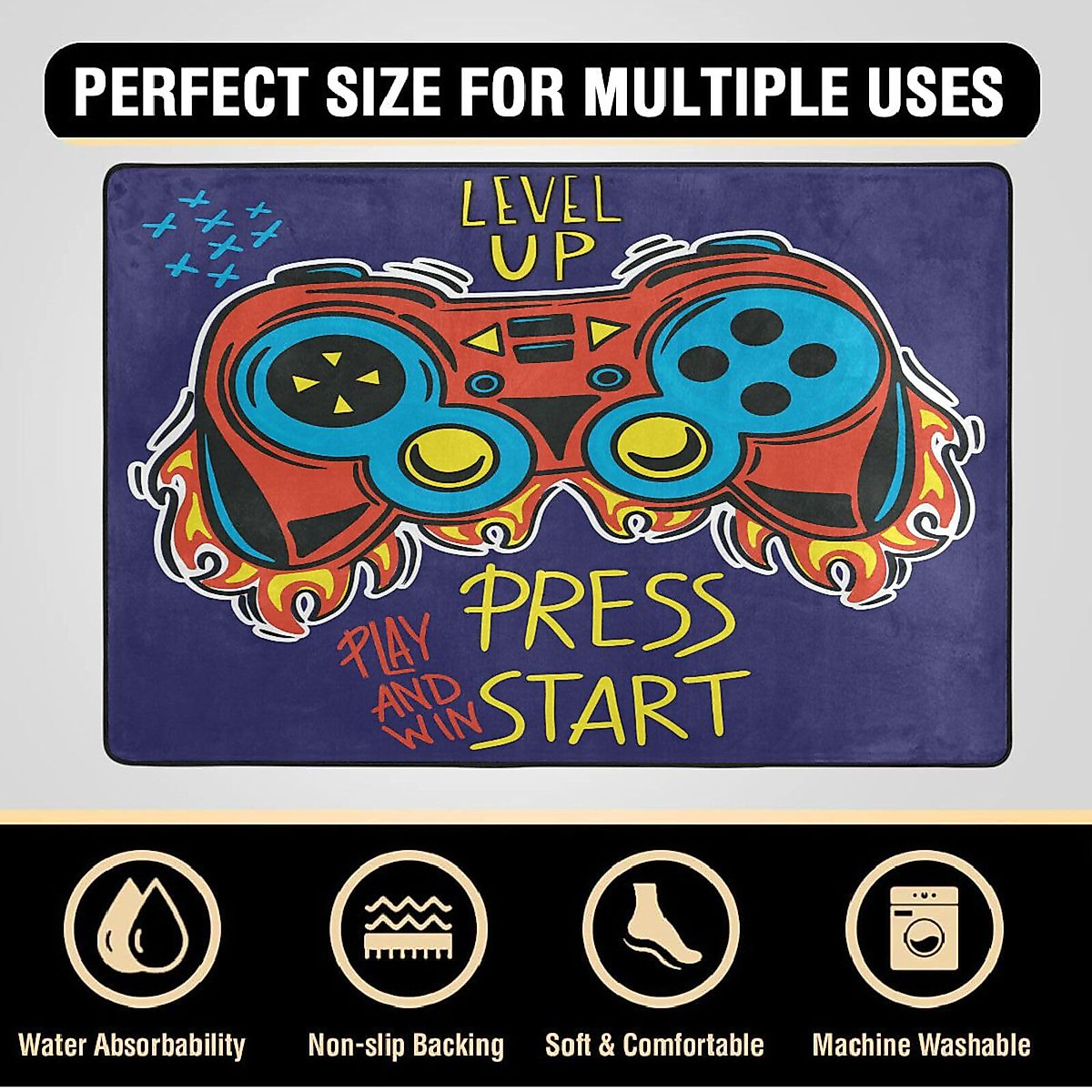 Gamer Joystick Area Rug 4x6 Cool Gamepad Non Slip Large Rugs for Living Room Bedroom Absorbent Washable Carpet with Rubber Backing Indoor Outdoor for Dorm Backyard Patio