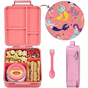 MAISON HUIS Bento Lunch Box for Kids With 8oz Soup Thermo, Leakproof Lunch Compartment Containers with 4 Compartment Bento Box, Thermo Food Jar and Lunch Bag, BPA Free,Travel, School(Mermaid)
