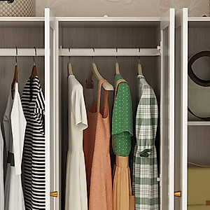 Homsee Extra Large L-Shape Armoire Wardrobe Closet with 6 Frosted Glass Doors, Hanging Bars, Shelves & Drawers, 98.4" L Wooden Closet Storage Cabinet for Bedroom, Warm Grey