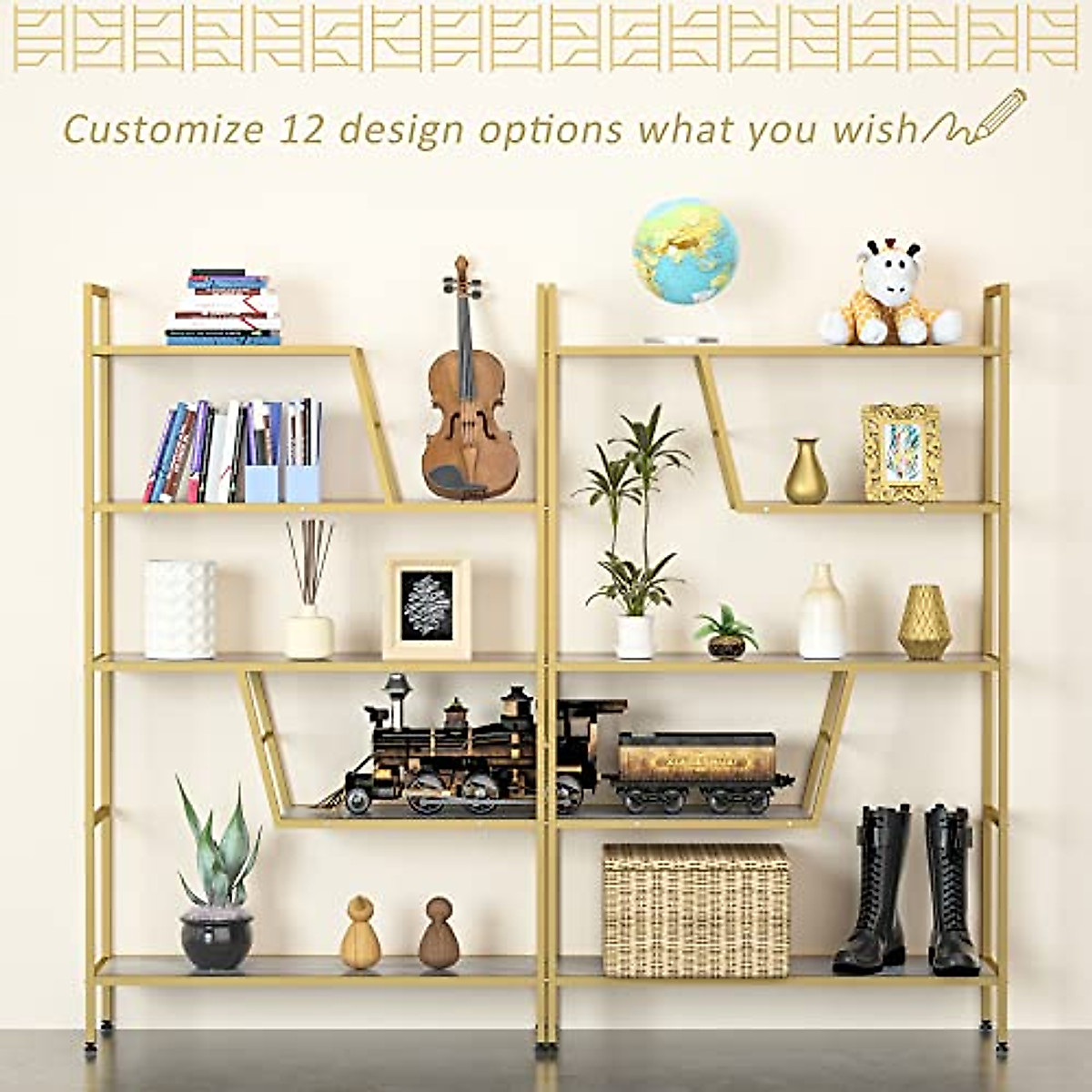 SIMFLAG 5-Tier Bookshelf Adjustable Bookcase with Retro Wood and Metal, Modern Tall Bookshelf for Bedroom, Display Gold Bookshleves for Home, Office, Living Room, Study Room