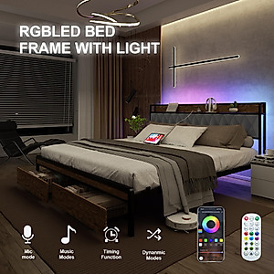 HAOARA King Size Metal Platform Bed Frame with 2 Storage Drawers & LED Light, Velvet Button-Tufted Headboard with Outlet & USB Charging Port, Heavy Duty, Brown Wooden Panel, No Box Spring Needed