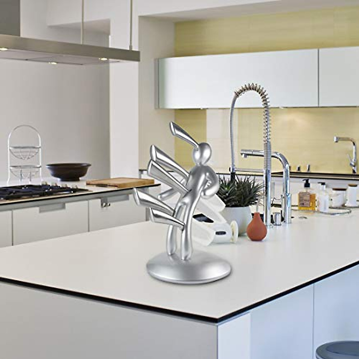 Kitchen Knife Set with Block, Unique Set of Silver Human for Kitchen Knives, Knife Block Set with 5 Stainless Steel Knives