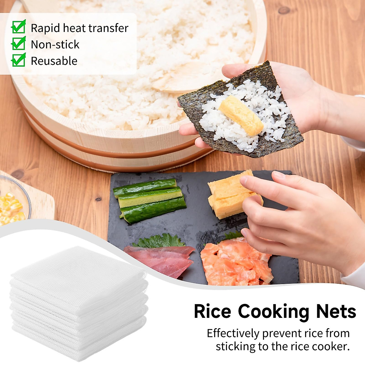 6 Pcs Rice Net, 43.3"×39.4" Sushi Rice Cooking Net, Non-Stick Fine Mesh Rice Cooker Napkins, Tetoron Rice Nets, Cooking Steam Cloths for Homes, Restaurants, Camping