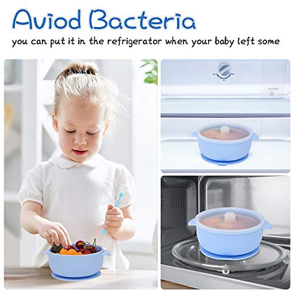 KingKam Baby Bowls and Spoons, Suction Bowls for Baby, Toddler Self-Feeding Set, Leak-Proof Silicone Bowls with Lid, Dishwasher & Microwave Safe