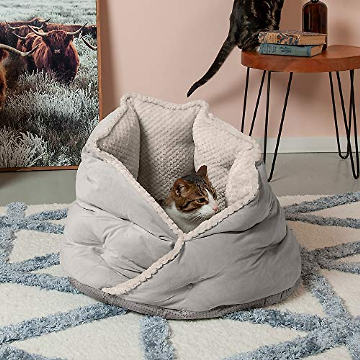 Furhaven 24" Round Medium Dog Bed Minky Plush & Velvet Calming Hug Nest, Washable - Silver Gray, 24-inch