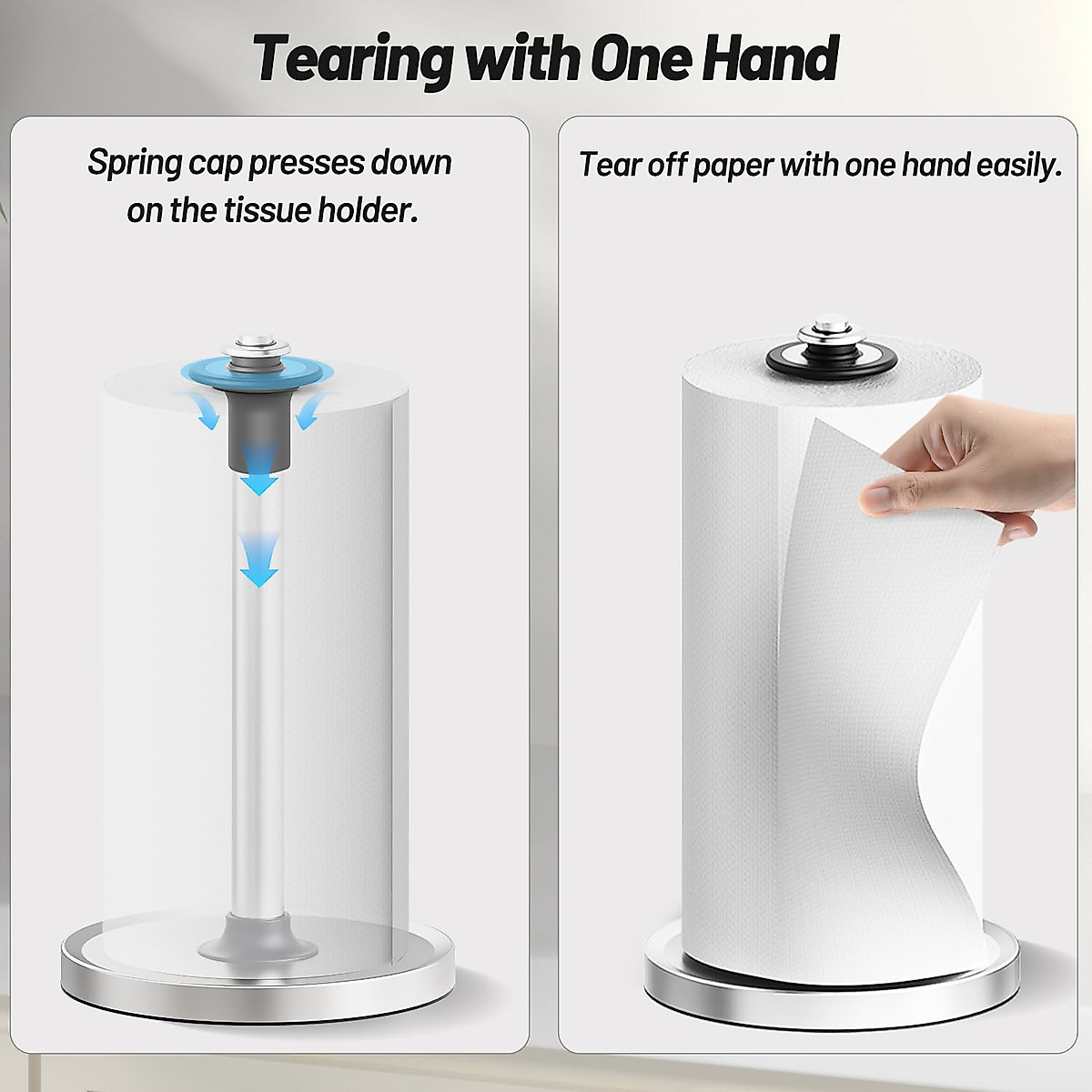 VEHHE Paper Towel Holder Countertop, Silver Paper Towel Holder Stand with Spring Damping for Kitchen Bathroom, One Hand Tear Paper Stainless Steel Paper Towel Holder with Weighted Base and Suction Cup