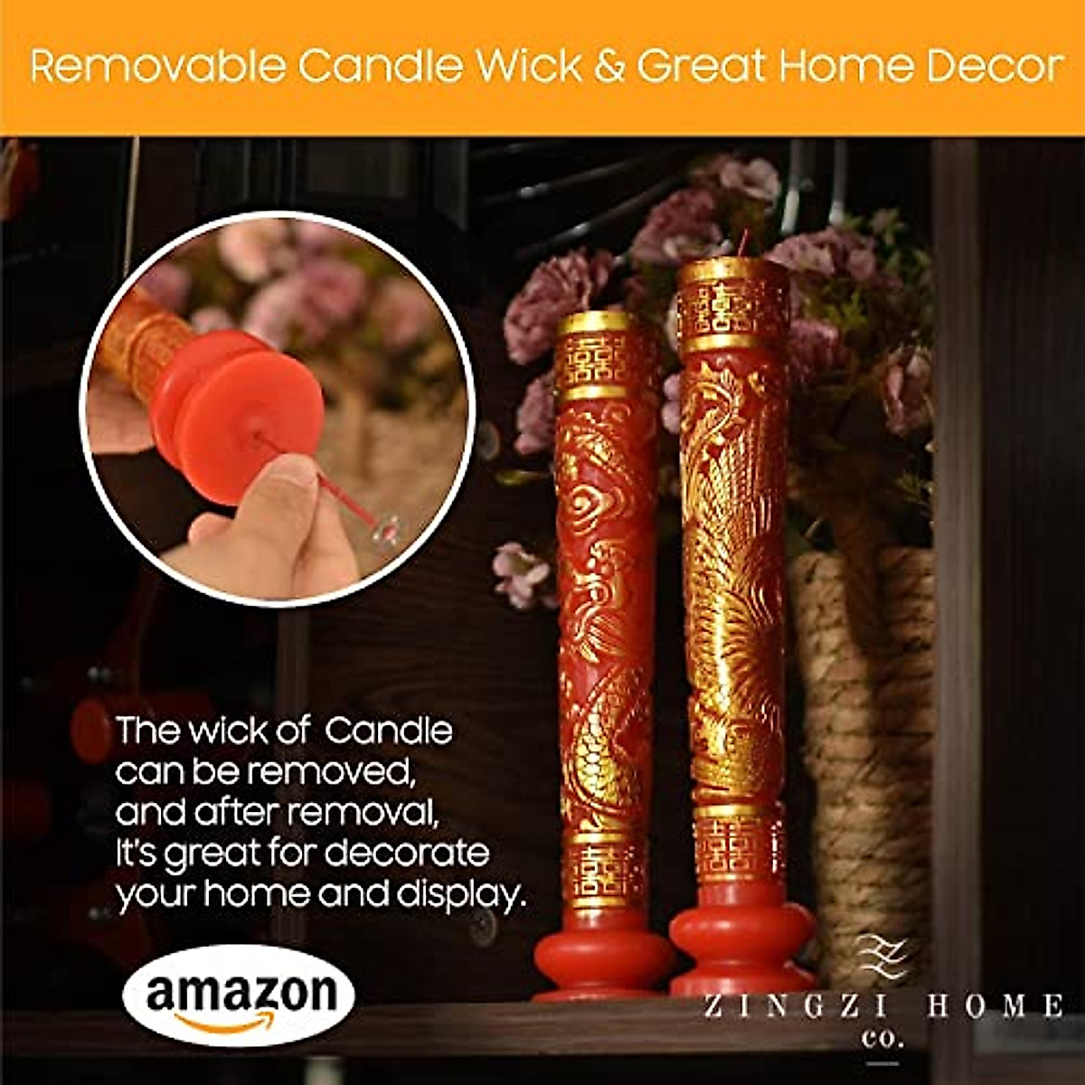 ZINGZIHOME Chinese Dragon and Phoenix Wedding Candles Red Traditional Double Happiness 1 Pair, 9.84 Inch Tall x 2 Inch Diameter, Great for Chinese Weddings Decoration as Well as Special Events