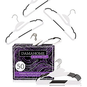 DAMAHOME 50PK Coat Hangers Non Slip - Space Saving Plastic Clothes Hangers, Slim Pant Hangers, U-Slide, Heavy Duty, 360°Swivel Hook, White