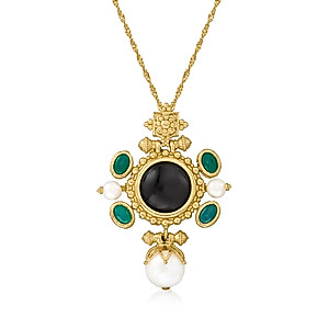 Ross-Simons Italian Cultured Pearl, Black Onyx and Green Agate Pendant Necklace in 18kt Gold Over Sterling Silver