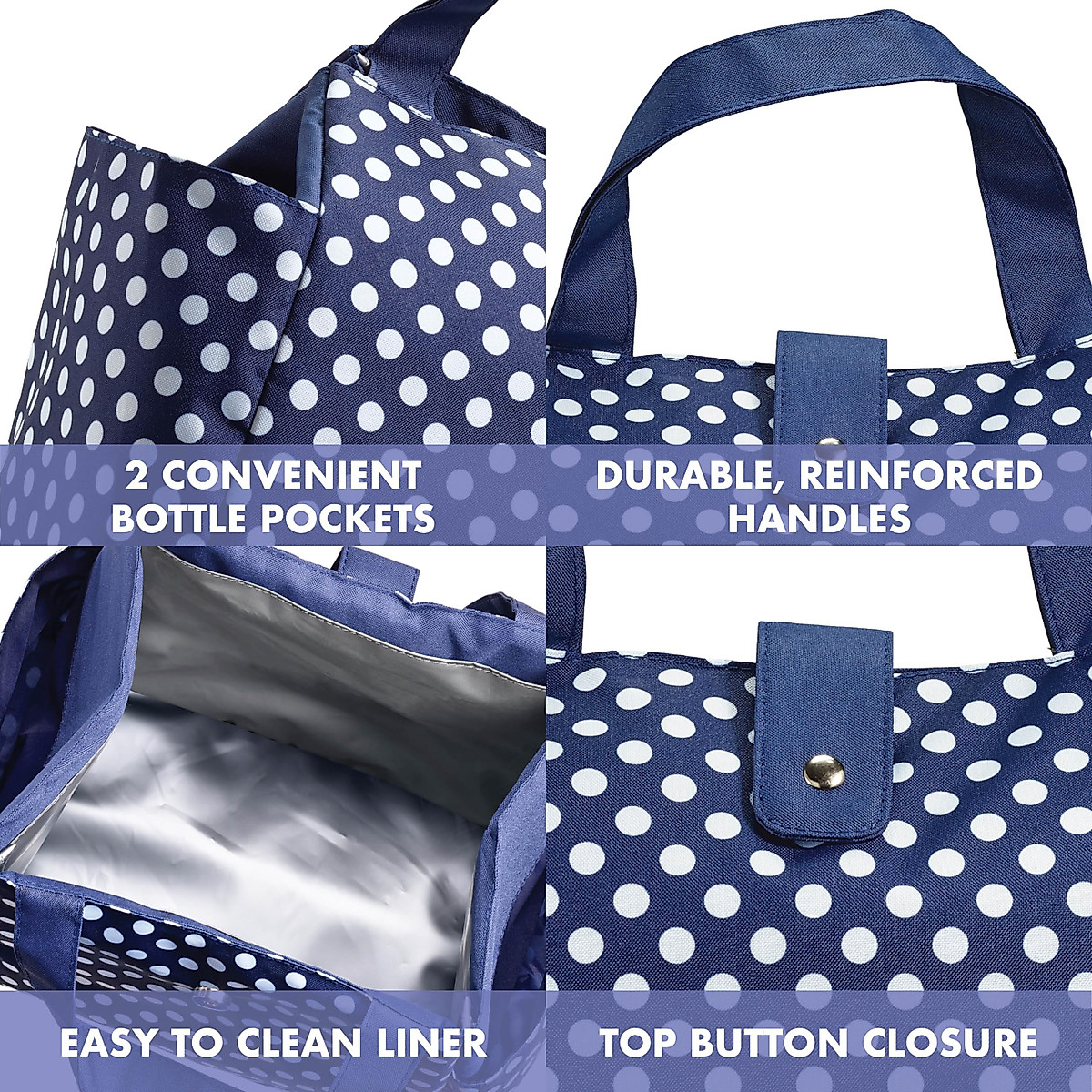 Fit & Fresh Lunch Bag For Women, Insulated Womens Lunch Bag For Work, Leakproof & Stain-Resistant Large Lunch Box For Women, Snap Closure Westport Bag Navy Dot