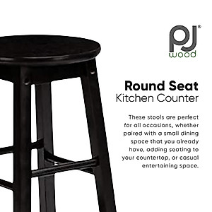 PJ Wood Classic Round Seat 29 Inch Tall Kitchen Counter Bar Stools with 4 Square Legs for Homes, Dining Spaces, and Bars, Black (2 Pack)
