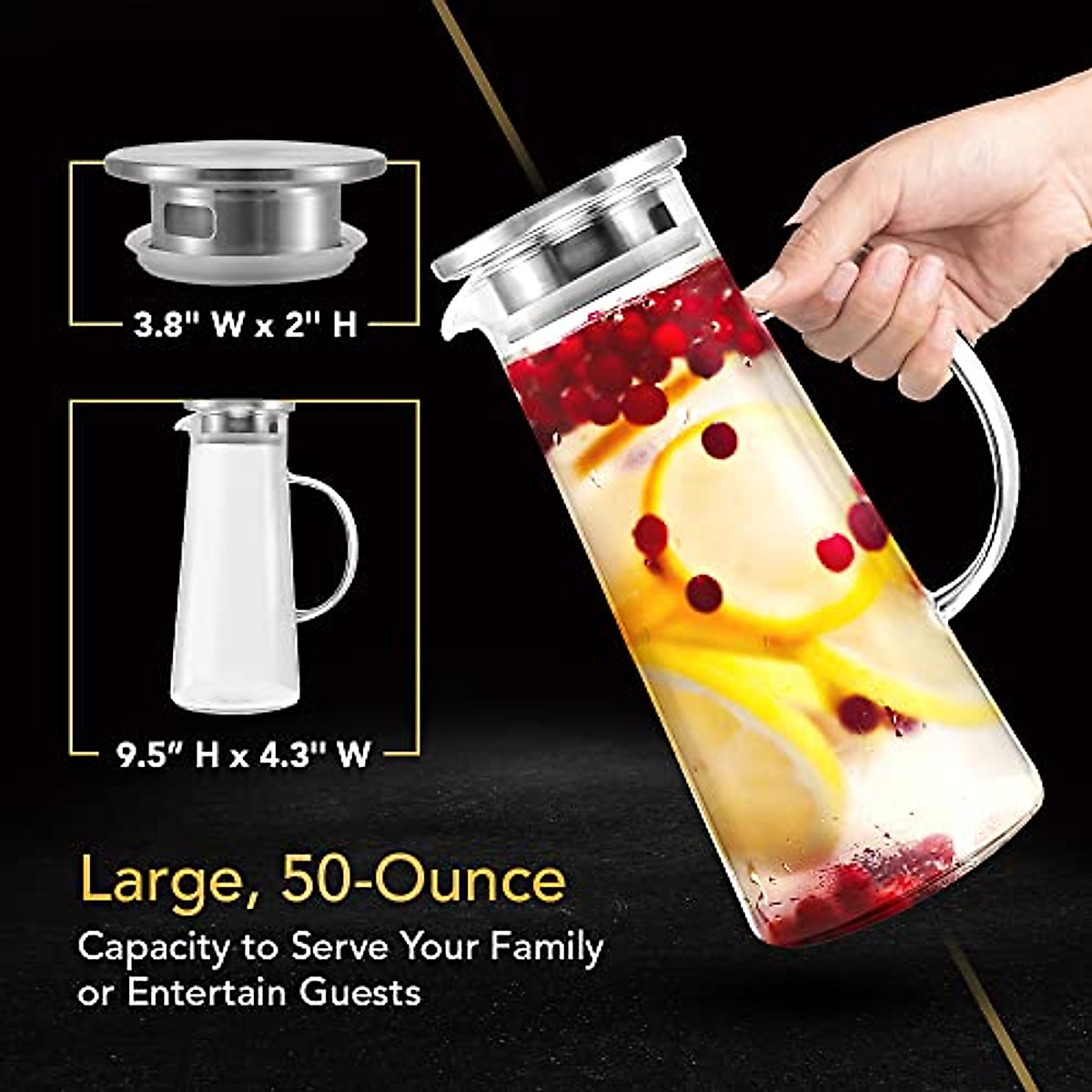 Richro Glass Pitcher With Lid and Spout Set of 2 - Heat Resistant Glass Carafe Pitcher With Stainless Steel Lid 50 oz Good For Coffee Juice Beverage Pitcher For Juice and Iced Tea Pitcher Water Carafe