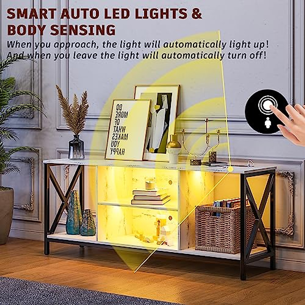 FOMNEY LED TV Stand with Auto LED Lights, Entertainment Center with Wireless/USB/Type-C Charging Station, Television Stands for 65+ Inch TV, TV Cabinet with Adjustable Legs for Living Room(White)