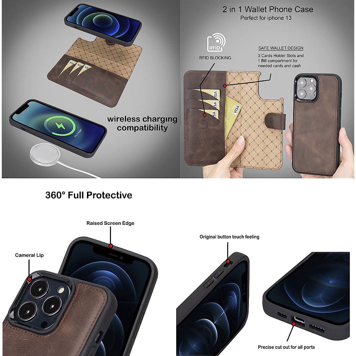VENOULT Vintage Leather Compatible with iPhone 14 Pro MAX Wallet Case, 14 Pro / 14 Plus Genuine Leather Magnetic Detachable, Wireless Charge and Car Mount Compatible, HANDMADE