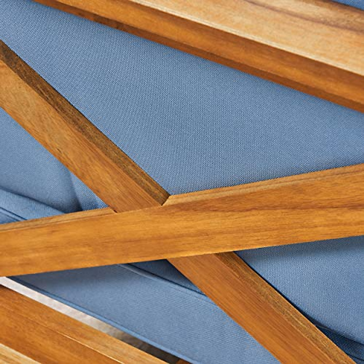 Great Deal Furniture GDFStudio Outdoor Farmhouse Acacia Wood 8 Seater U-Shaped Sectional Sofa Set with Fire Pit, Teak, Blue, and Dark Gray