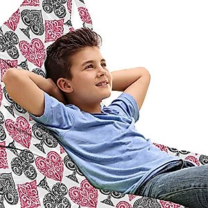 Lunarable Poker Lounger Chair Bag, Hand Drawn Ornate Motifs on Playing Card Suits Traditional Doodle, High Capacity Storage with Handle Container, Lounger Size, Charcoal Grey Hot Pink