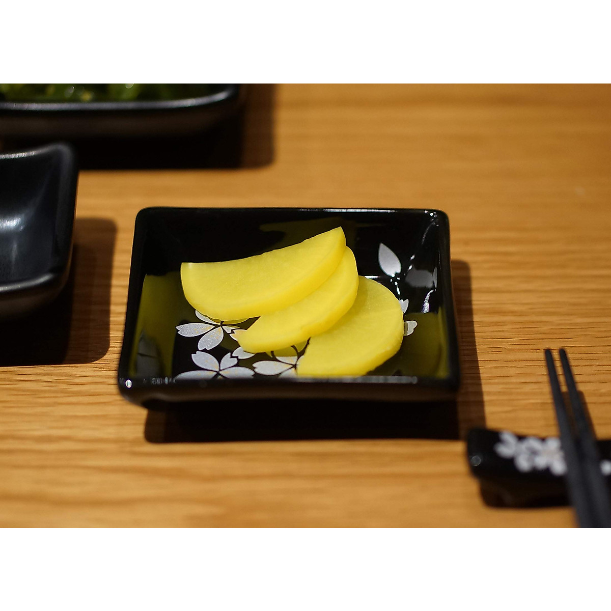 Cinf Ceramic Japanese Cherry Blossom Salad Sauce Rectangular Sushi Dish Set of 4 Plates Black Snack Bowls Appetizer Seasoning Serving for Kitchen Home
