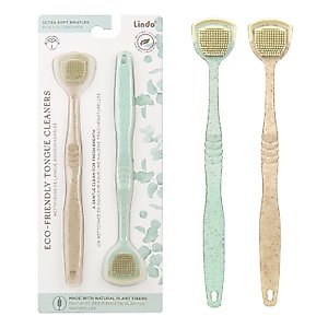 Lindo Eco-Friendly Tongue Cleaners, Tongue Scrapers, Oral Care Cleaners, Reduce Bad Breath, Soft Silicone Bristles, Natural, Vegan, 2 Pack