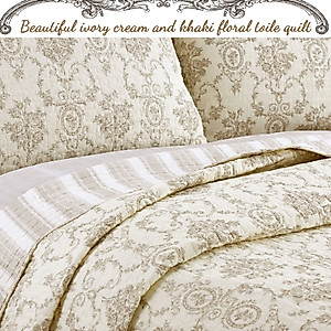 Cozy Line Home Fashions French Medallion 100% Cotton Bedding Quilt Set, Beige Ivory Rose Flower Reversible Coverlet Bedspread (Cream Eggnog, King - 3 Piece)