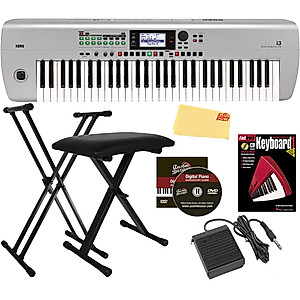 Korg i3 Music Workstation - Matte Silver Bundle with Adjustable Stand, Bench, Sustain Pedal, Instructional Book, Austin Bazaar Instructional DVD, and Polishing Cloth