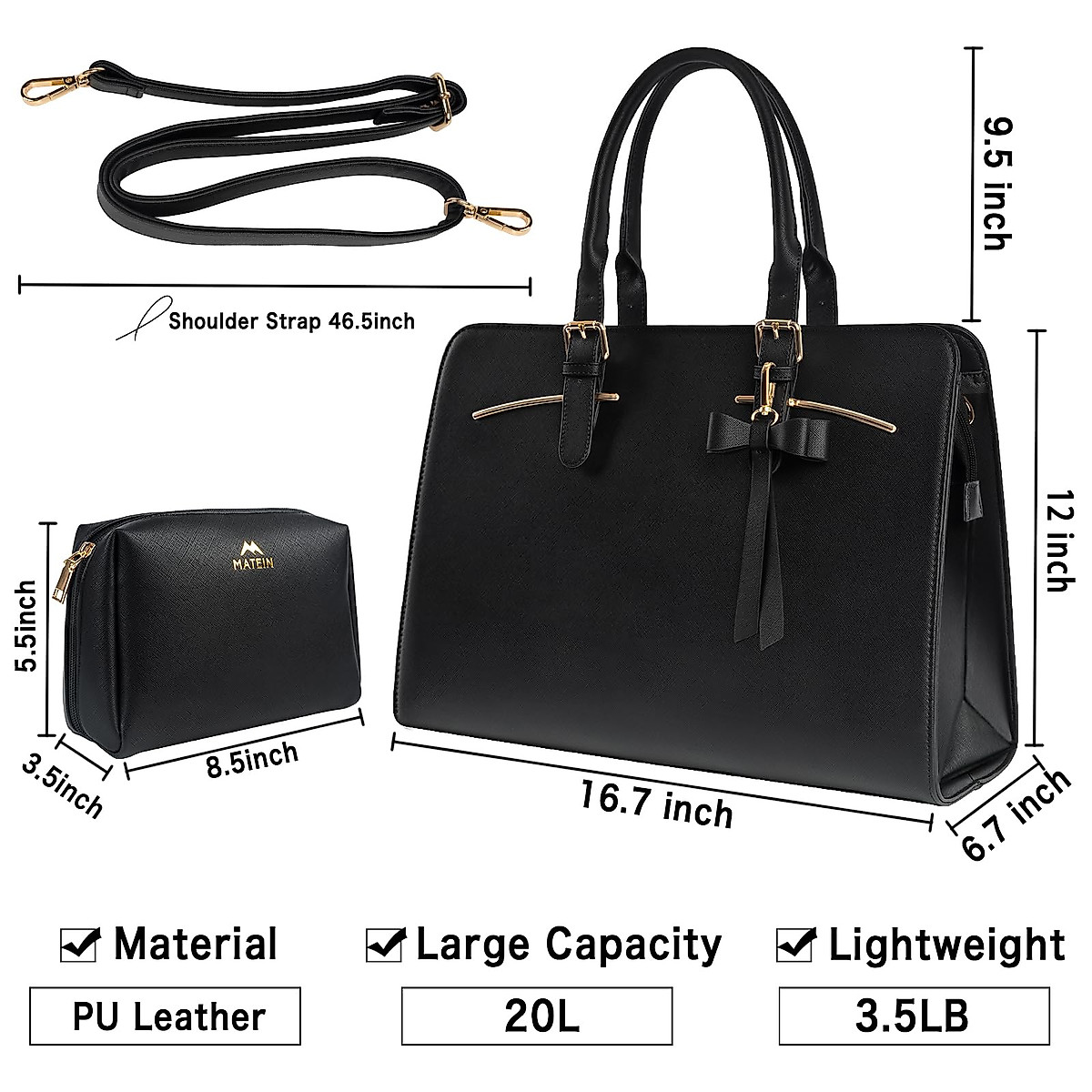Laptop Tote Bag for Women, Large Waterproof PU Leather Work Briefcase with USB Charging Port Casual Computer Shoulder Bag Messenger fits 15.6 Inch, Business Handbag Satchel Purse 2pcs Set, Black