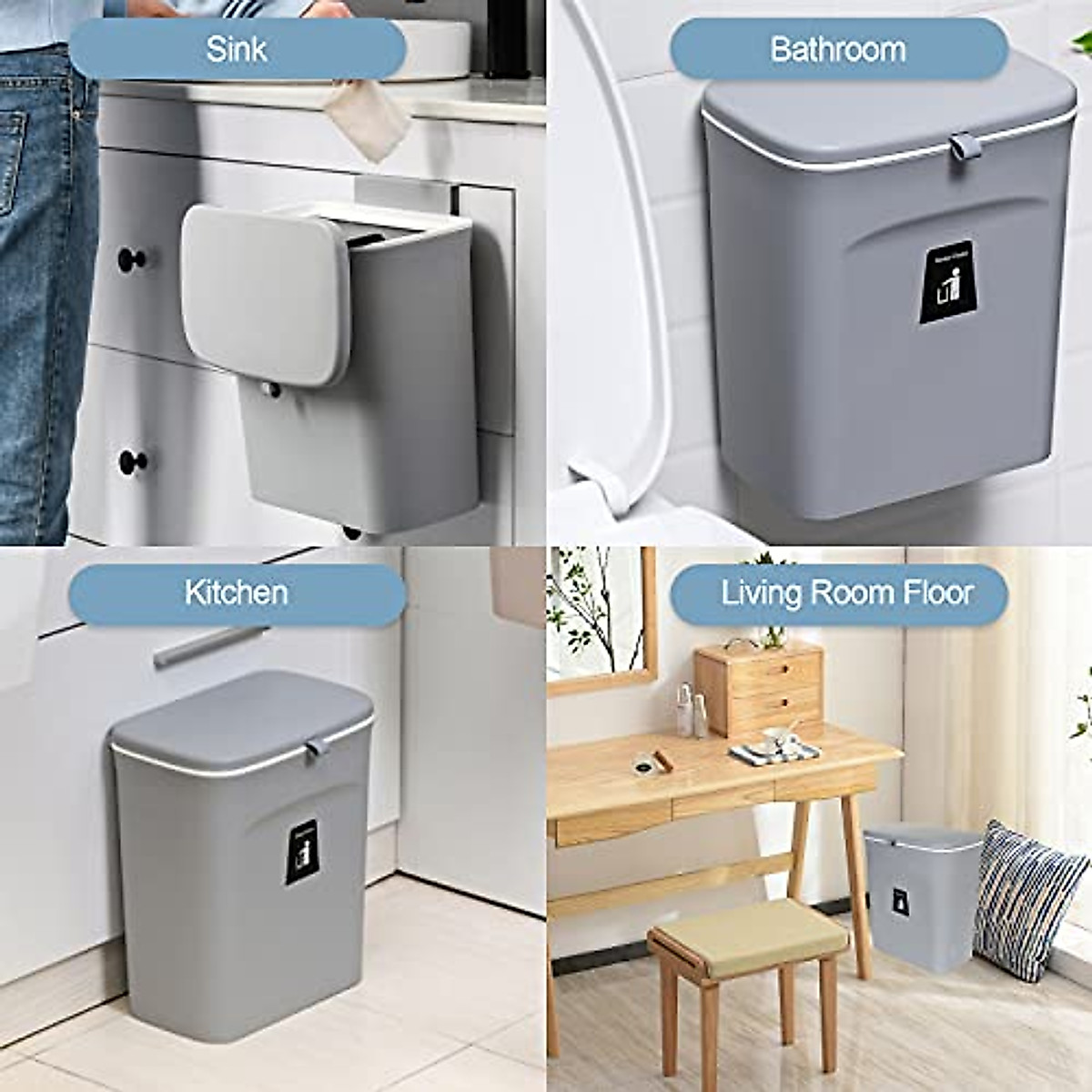 2.4 Gallon Hanging Trash Can with Lid Kitchen Compost Bin Trash Can for Counter Top or Under Sink, Hanging Small Trash Can with Lid for Cupboard / Bathroom / Office, Mountable Indoor Compost Bucket