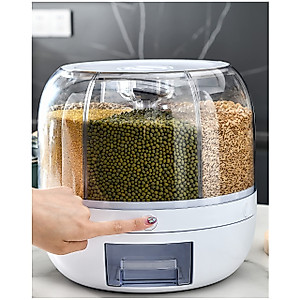 mozhixue 360° Rotating Dry Food Dispenser White 6-Grid 22 Lbs Round Cereal Dispenser 12"×10"×10" Grain Dispenser for Rice Storage Kitchen Corn BPA-Free,B