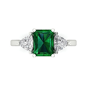 Clara Pucci 2.97ct Emerald Trillion cut 3 stone Solitaire Green Emerald designer Modern Statement Ring 14k White Gold Size 8.5
