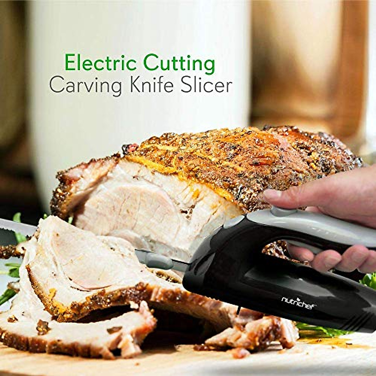 Upgraded Premium NutriChef Electric Knife - 8.9" Carving Knife, Serrated Blades, Lightweight, Ergonomic Design Easy Grip, Easy Blade Removal, Great For Thanksgiving, Meat & Cheese, Black