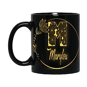 Coffee Mug Personalized Marylou Name & Initial Letter Monogram Floral Alphabet Mug Golden Flowers Custom Black Coffee Cup, Gift for Her Mom Coworker Sister, Wife, Girl 11oz Black Mug 688967