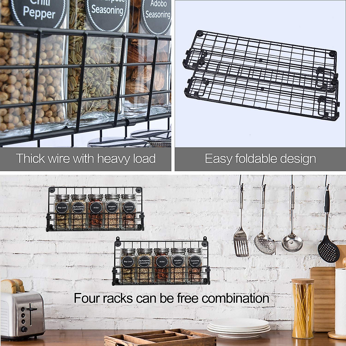 Spice Rack for Cabinet Wall Mounted, 4-Tier Stackable Hanging Spice Organizer for Jars and Seasoning Storage, Great for Kitchen Pantry Door, Black Iron Wire