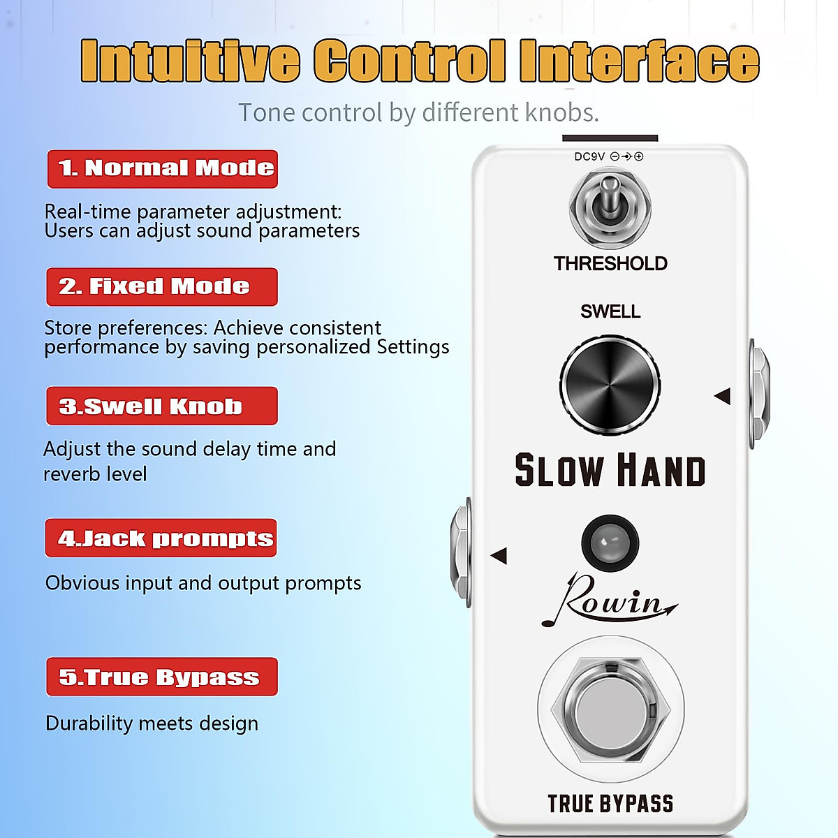 Rowin Digital Slow Hand Guitar Pedal Slow Gear for Electric Guitar Bass True Bypass (LEF-326)