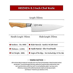 HEZHEN Chef's Knife-Professional-8.3 inch 14C28N Sandvik Steel, Kitchen Knife Gyuto Knife-Master Series Chef Cooking Tool at Home,Restaurant-Olive Wood Handle