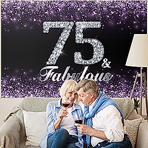 HAMIGAR 6x4ft Happy 75th Birthday Banner Backdrop - 75 & Fabulous Birthday Decorations Party Supplies for Women - Purple