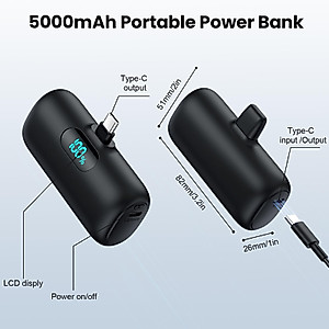 Mini Portable Charger USB C Power Bank, Upgraded 5000mAh PD Fast Charging Battery Pack Built-in USB-C Connector,LCD Display,Compatible with iPhone 15,15 Plus,15 Pro/Max ,iPad Pro/Air,Android Phone etc