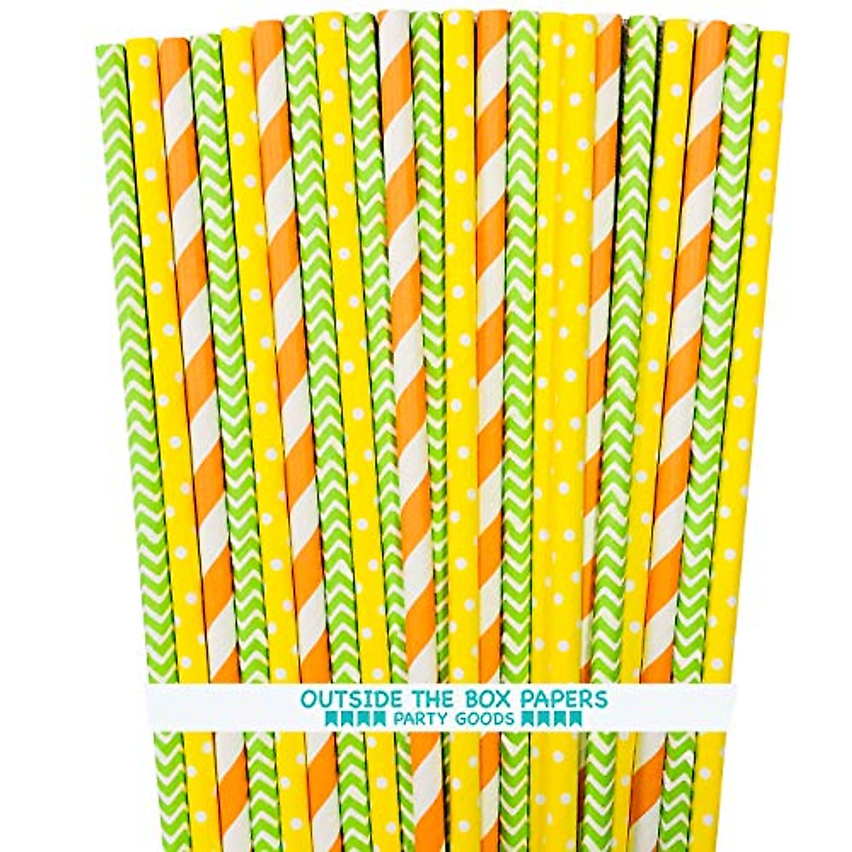 Paper Straws - Yellow Lime Green Orange - Stripe Chevron Dot - Citrus Theme - 75 Pack