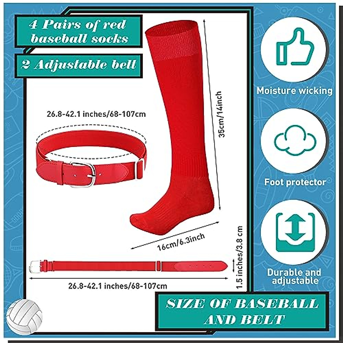 Newcotte 4 Pairs Baseball Sock and 2 Pcs Belt Combo Set Adjustable Softball Sock for Youth Boys Girls Kids Adult, Red (Medium)