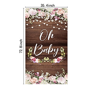 ZDX Oh Baby Door Banner Photo Rustic Floral Wood Backdrop Decorations Baby Shower Newborn Party Door Hanger Cover Sign Supplies Poster Background Decor 72.8 x 35.4in