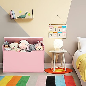 Costzon Kids Wooden Toy Chest, Wide Toy Box Storage Chest with Bench Seat, Toy Storage Trunk Case with Finger-Pinch Prevention, Lift-Top Foot Rest Seat for Toddler Bedroom Playroom Entry (Pink)