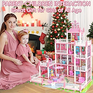 LUYE 4 Stories Dollhouse for Girls 2 3 4 5 6 7 8 Year Old - Huge Doll House w/ 4 Dolls Figure with Furniture, Accessories, LED Light, Princess Dream House Toys Gift for Toddler Kids 3+, Pink