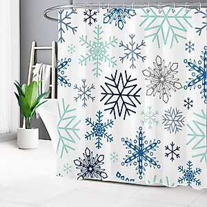 LB Blue Green Snowflake Shower Curtain for Bathroom, Farmhouse Christmas Holiday Winter Fabric Shower Curtain with Hooks, New Year Modern Abstract Bathroom Curtain Shower Set, 72" W x 72" L