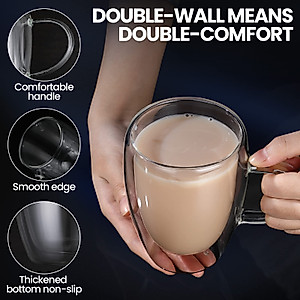 Mimorou 8 Pack 12 oz Double Wall Glass Coffee Mugs Glass Coffee Cups with Handle Insulated Layer Coffee Cups, Clear Borosilicate Glass Mugs