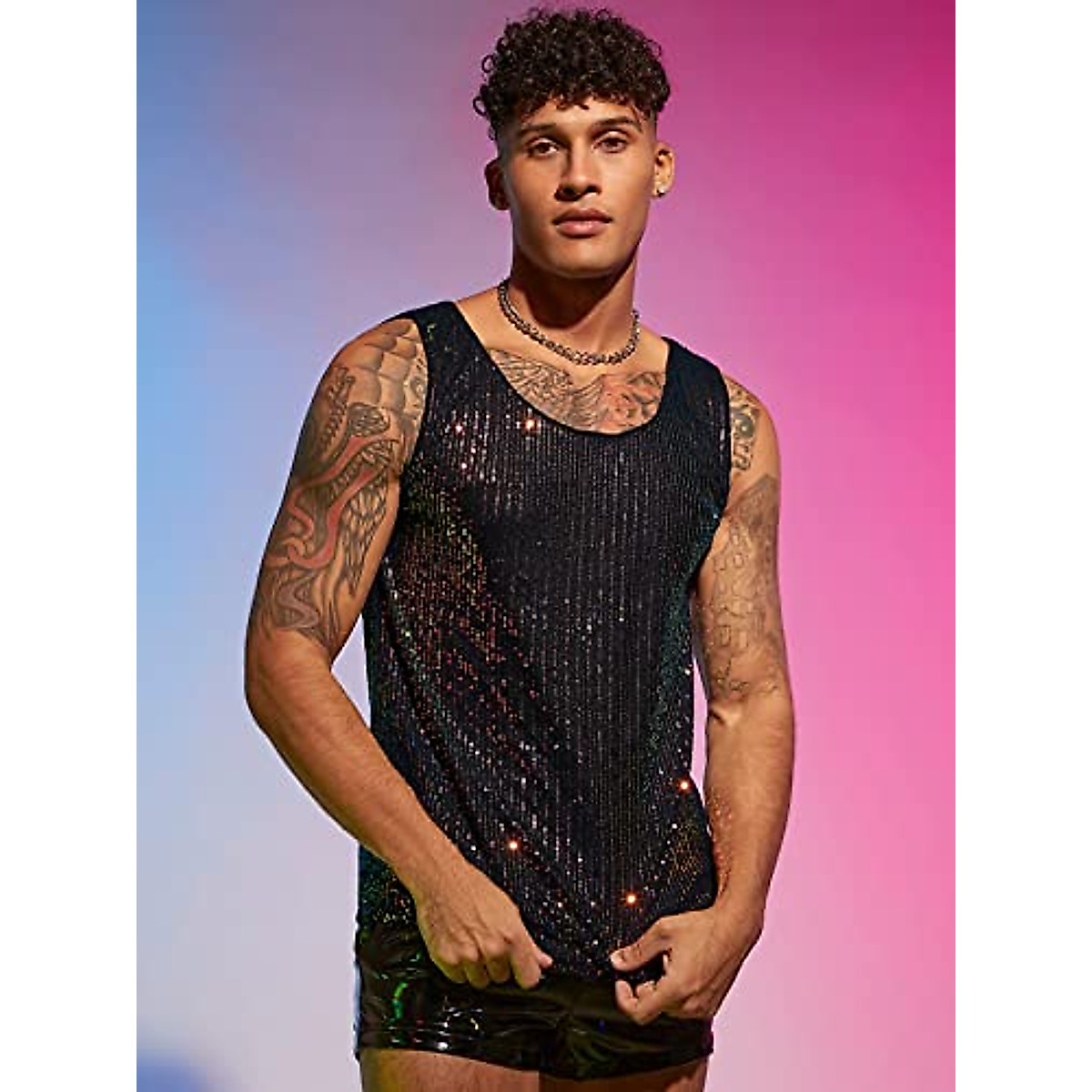 WDIRARA Men's Sequin Sleeveless Round Neck Tank Top T Shirt Party Top Black Sequins M