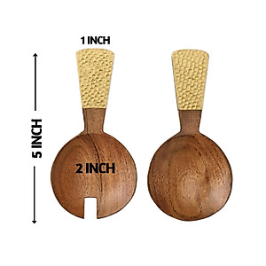 Folkulture Salad Hands or Salad Servers, Set of 2 Salad Claws for cooking, Kitchen Utensils or Serving Spoons, Wooden Salad Tongs 8 X 4 Inch Spoon and Fork Set (Acacia Wood with Hammered Brass)